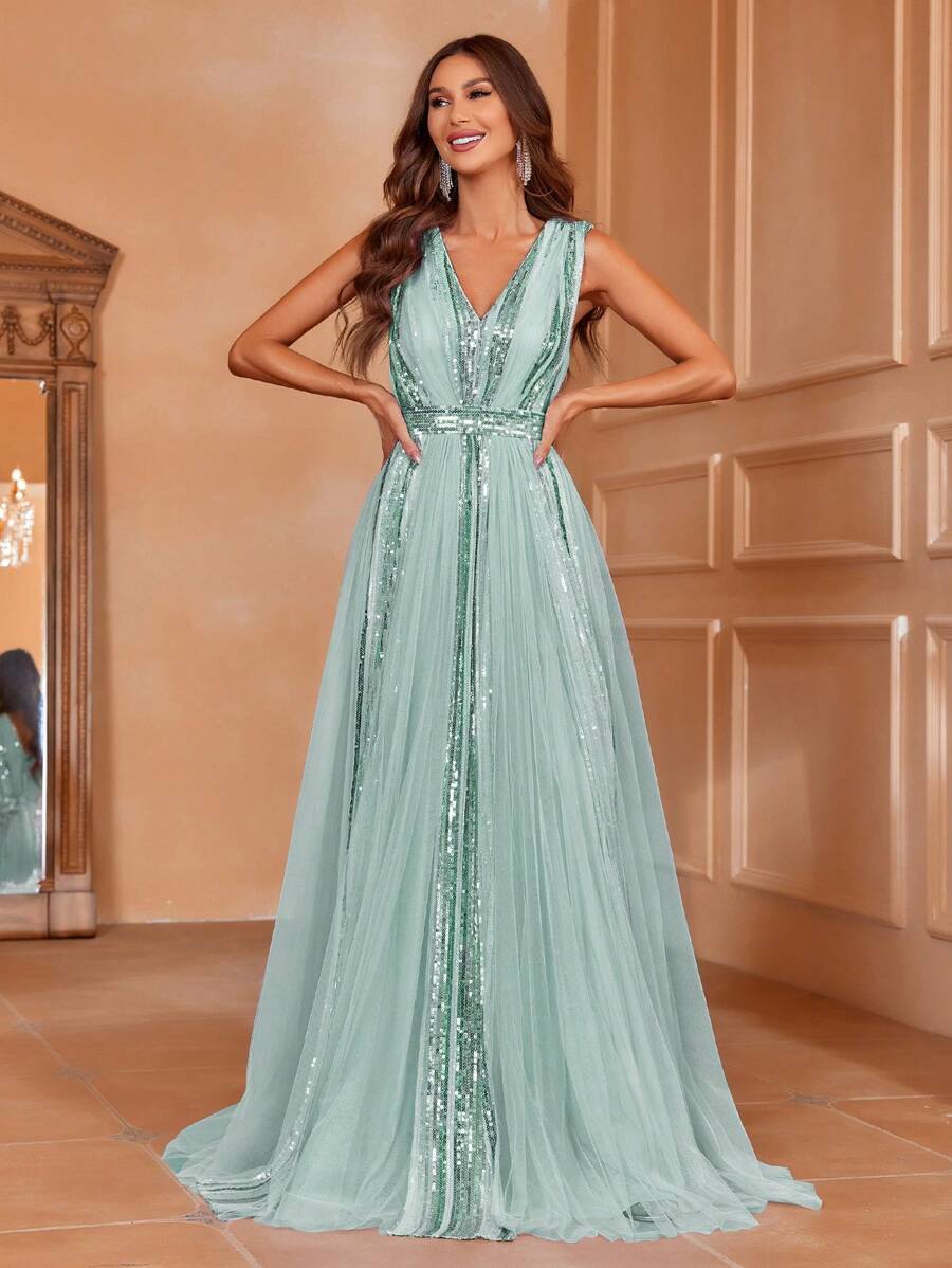 Contrast Sequin Mesh Prom Dress | SHEIN USA