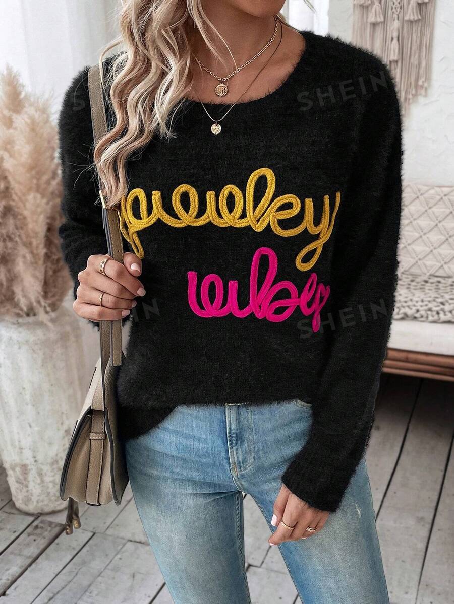 SHEIN LUNE Jersey con patrón de letra de hombros caídos de peluche ...