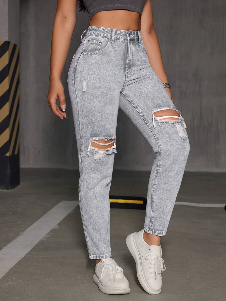 SHEIN EZwear High Waist Ripped Mom Fit Jeans | SHEIN USA