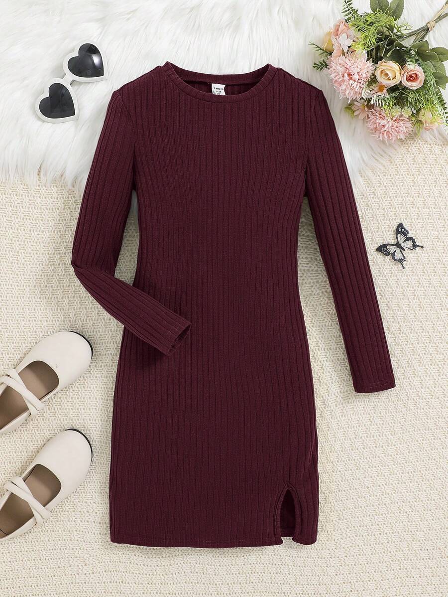 Tween Girl Solid Ribbed Knit Split Hem Longline Tee Dress | SHEIN USA