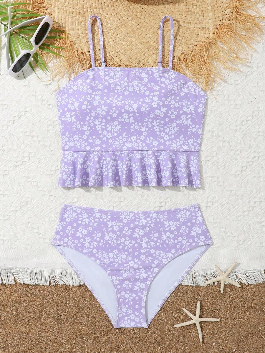 Tween Girl Spaghetti Strap Tankini Swimsuit Two Piece Set With Ditsy ...