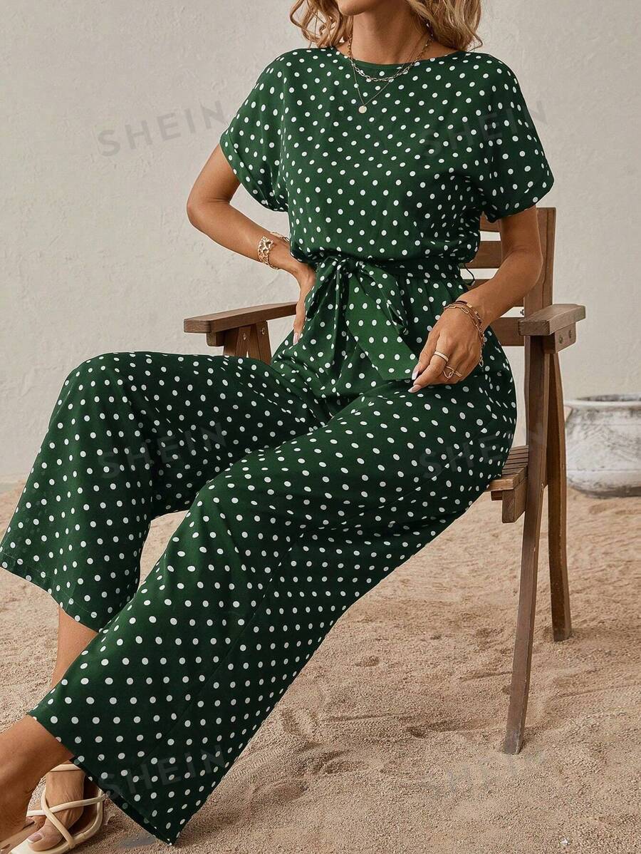 Shein Lune Polka Dot Print Batwing Sleeve Belted Wide Leg Jumpsuit