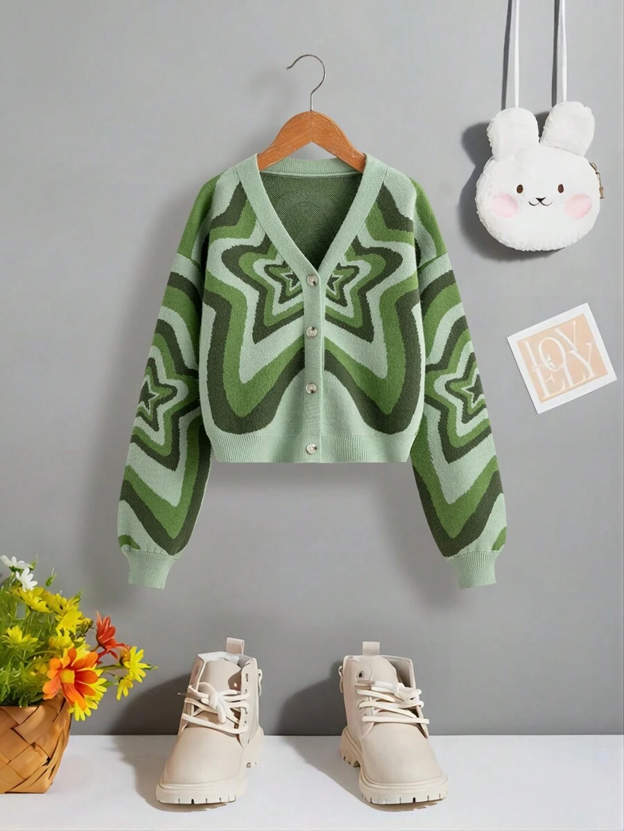 SHEIN Young Girl Star Pattern Drop Shoulder Cardigan | SHEIN USA