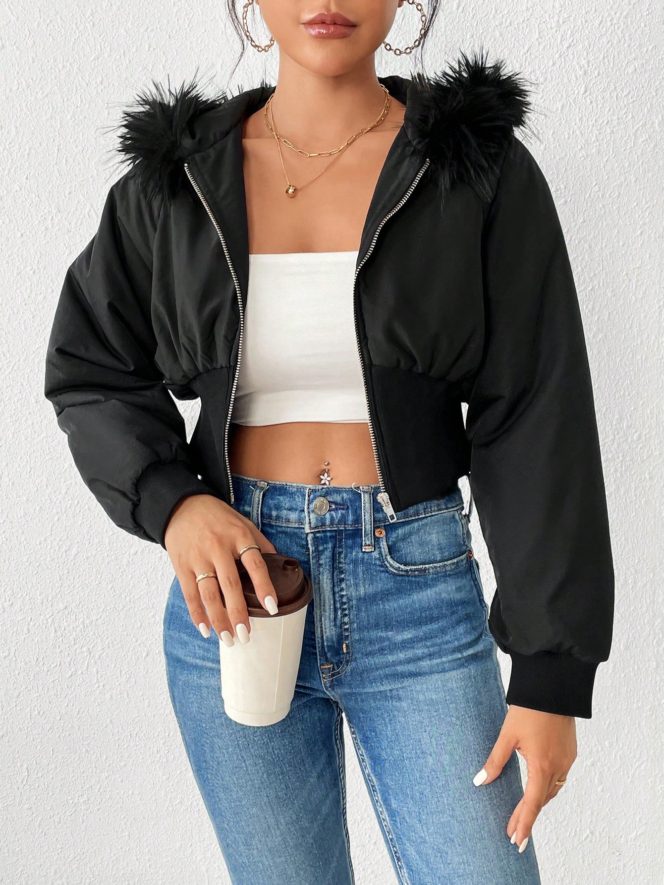 SHEIN Essnce Fuzzy Trim Hooded Crop Puffer Coat | SHEIN USA