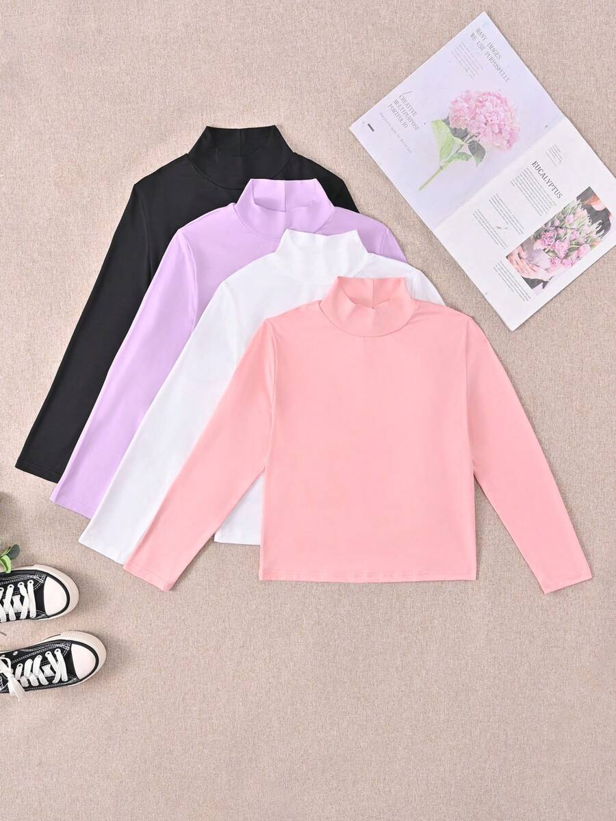 SHEIN Tween Girl 4pcs Mock Neck Solid Tee | SHEIN USA