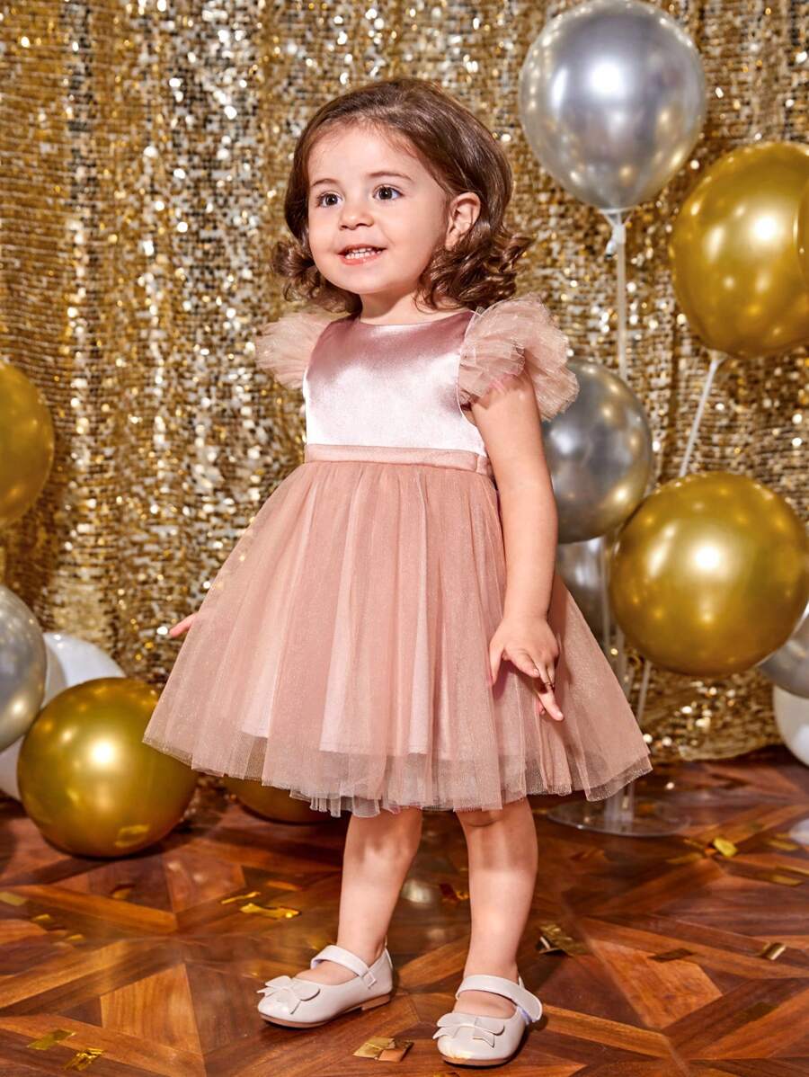 SHEIN Baby Girl Ruffle Trim Mesh Overlay Party Dress | SHEIN USA