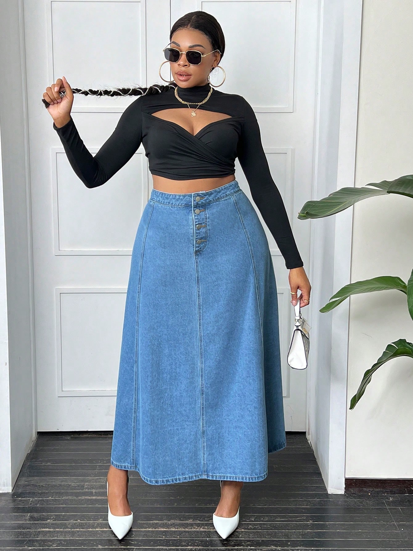 SHEIN SXY Plus Button Fly Flare Denim Skirt | SHEIN Singapore