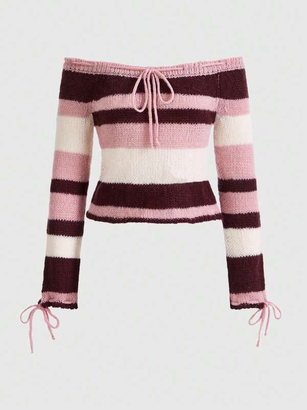 ROMWE Kawaii Striped Off Shoulder Drawstring Trim Sweater | SHEIN USA