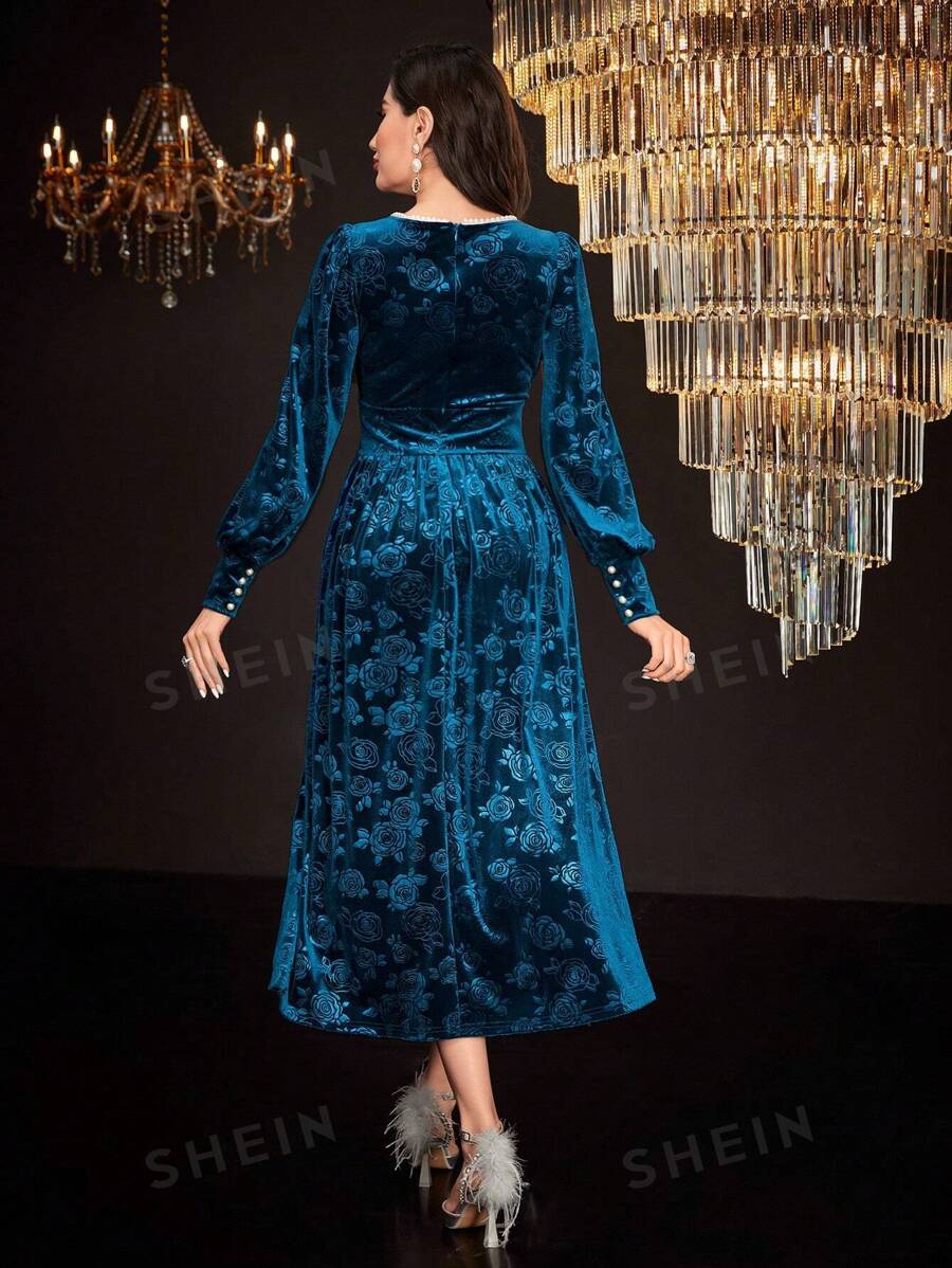 Shein Modely Square Neck Lantern Sleeve Velvet Dress | Shein Uk