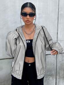 SHEIN EZwear Zip Up Drawstring Hooded Reflective Jacket | SHEIN USA