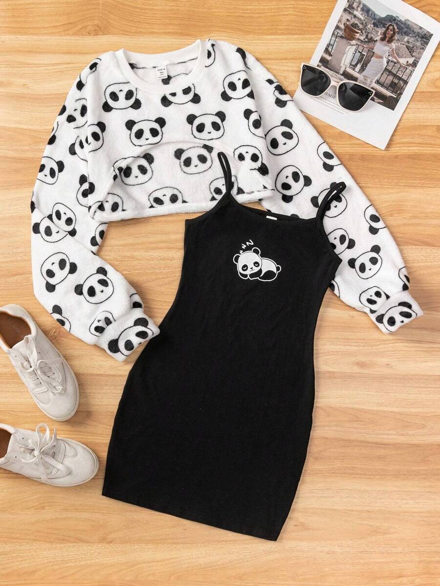 SHEIN 2pcs Teen Girl Panda Print Crop Top And Jumper Dress Set, Fleece ...