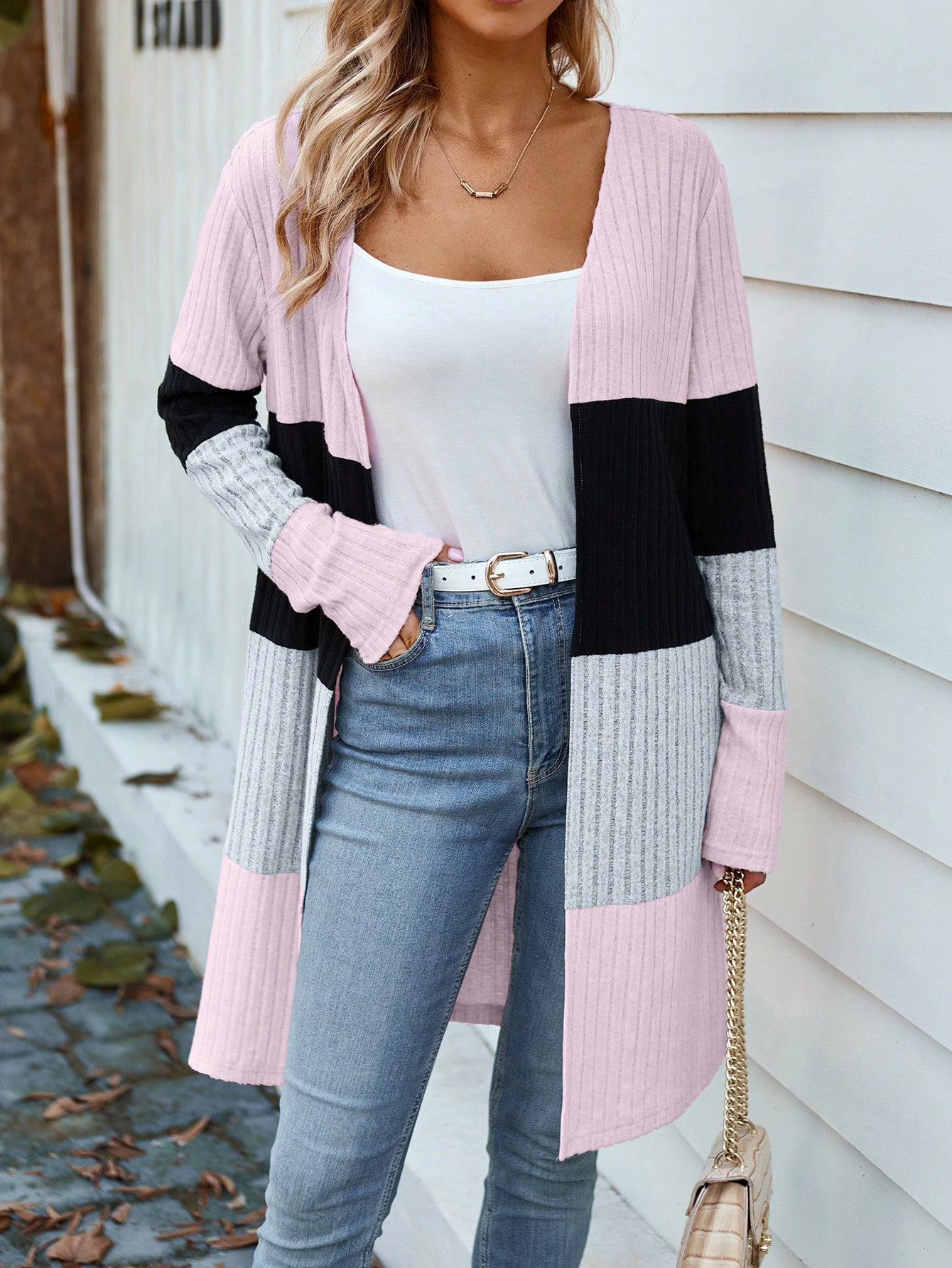 SHEIN LUNE Color Block Open Front Ribbed Knit Open Front Coat | SHEIN UK