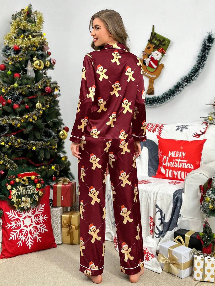 Christmas Gingerbread Man Print Contrast Piping Satin PJ Set | SHEIN USA