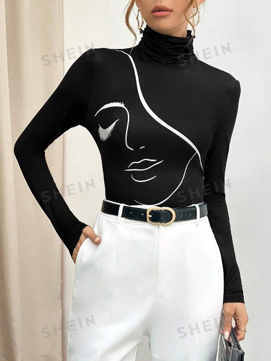 SHEIN Privé Figure Graphic High Neck Tee | SHEIN USA