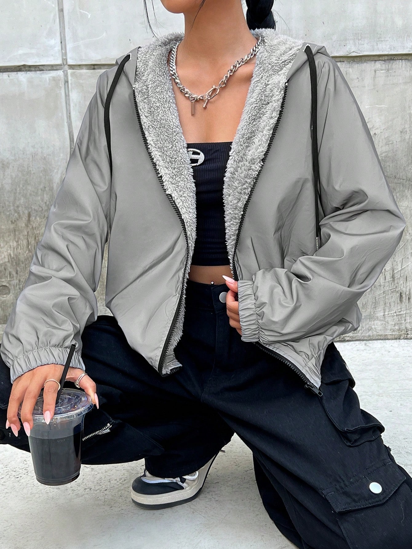 SHEIN EZwear Zip Up Drawstring Hooded Reflective Jacket | SHEIN USA