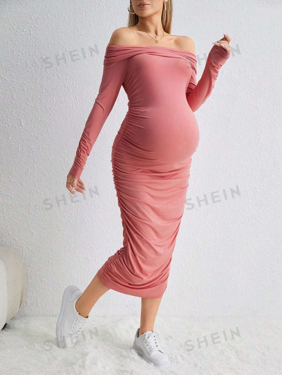 SHEIN Maternity Off Shoulder Ruched Side Bodycon Dress | SHEIN USA