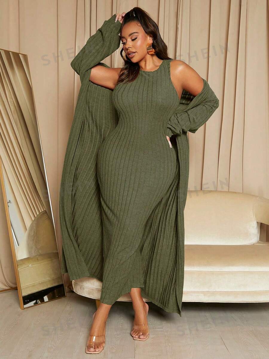 SHEIN SXY Plus Solid Tank Dress & Open Front Coat | SHEIN South Africa