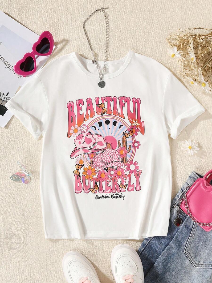 SHEIN Tween Girl Mushroom Butterfly Printed T-Shirt, Cute & Cool ...