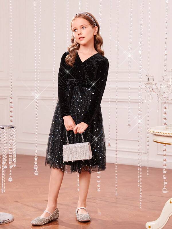 SHEIN Tween Girl Sequin Mesh Overlay Belted Dress | SHEIN USA