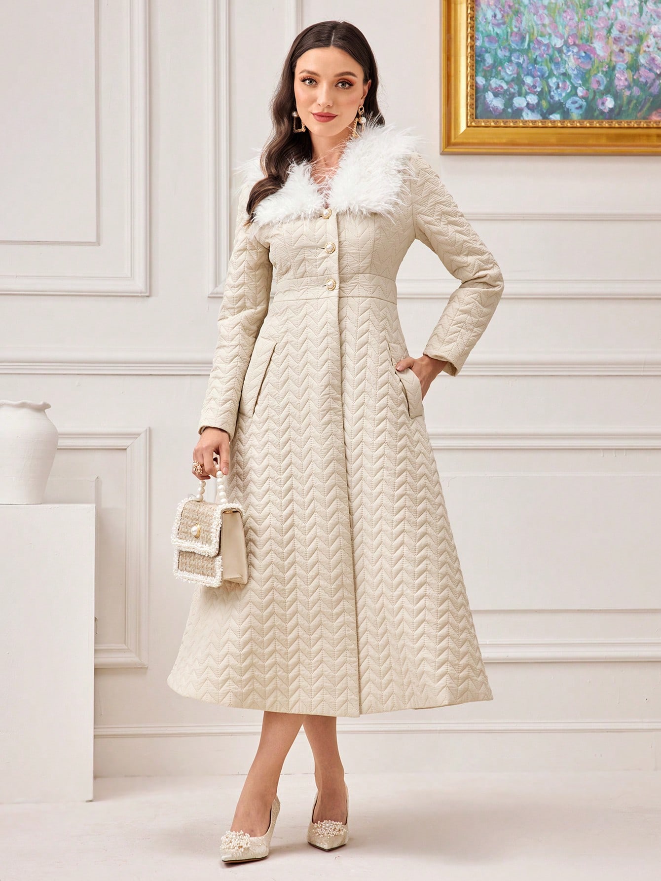 SHEIN Modely Borg Collar Pocket Side Quilted Coat | SHEIN UK