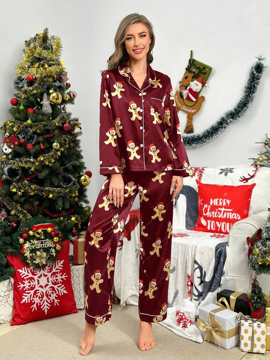 Christmas Gingerbread Man Print Contrast Piping Satin PJ Set | SHEIN USA