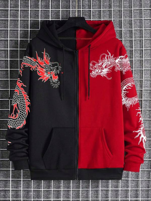 Manfinity EMRG Men Chinese Dragon Graphic Two Tone Drawstring Hoodie ...