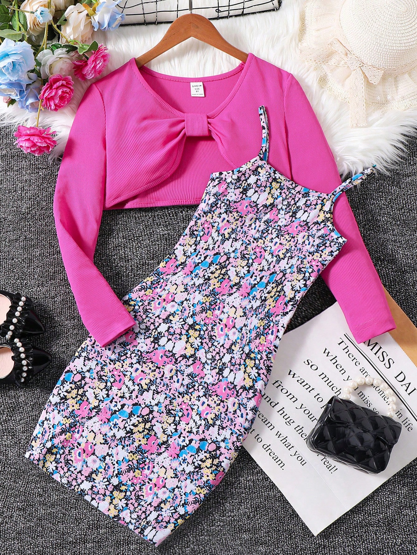 SHEIN Tween Girl Ditsy Floral Print Cami Dress & Super Crop Top | SHEIN USA