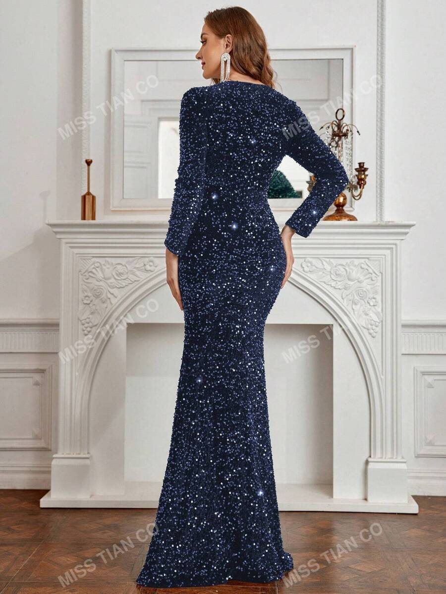 Mermaid Hem Sequin Dress Elegant Long Sleeve Formal Evening Prom Wedding Guest Gown, For ...