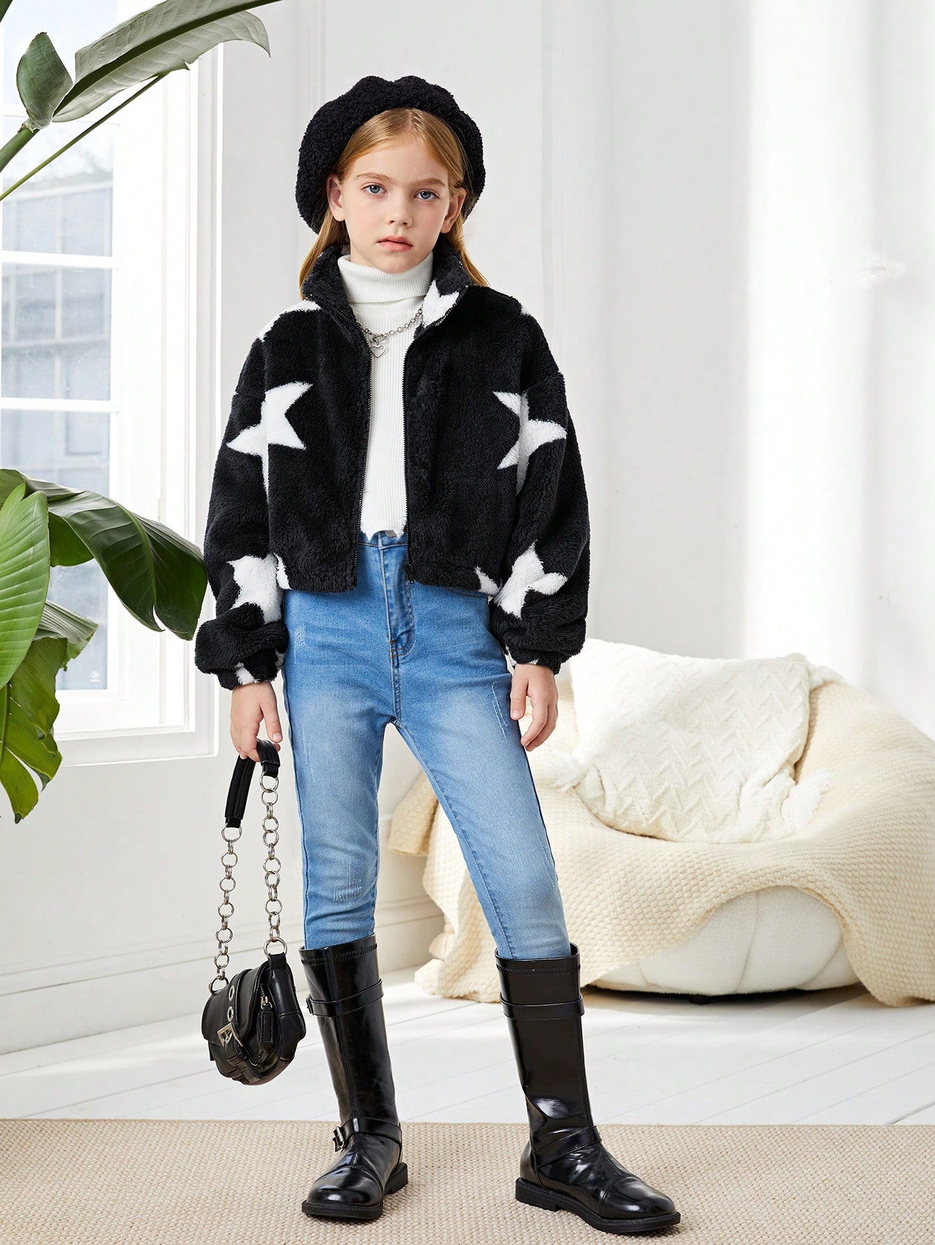 SHEIN Tween Girl Star Pattern Drop Shoulder Teddy Jacket | SHEIN