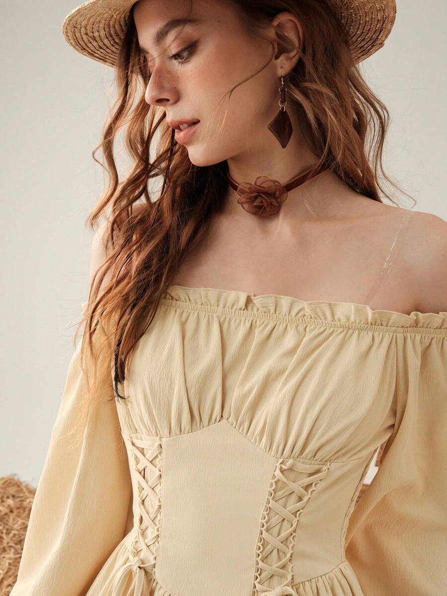 SHEIN MOD Off Shoulder Flounce Sleeve Lace Up Front Dress | SHEIN UK