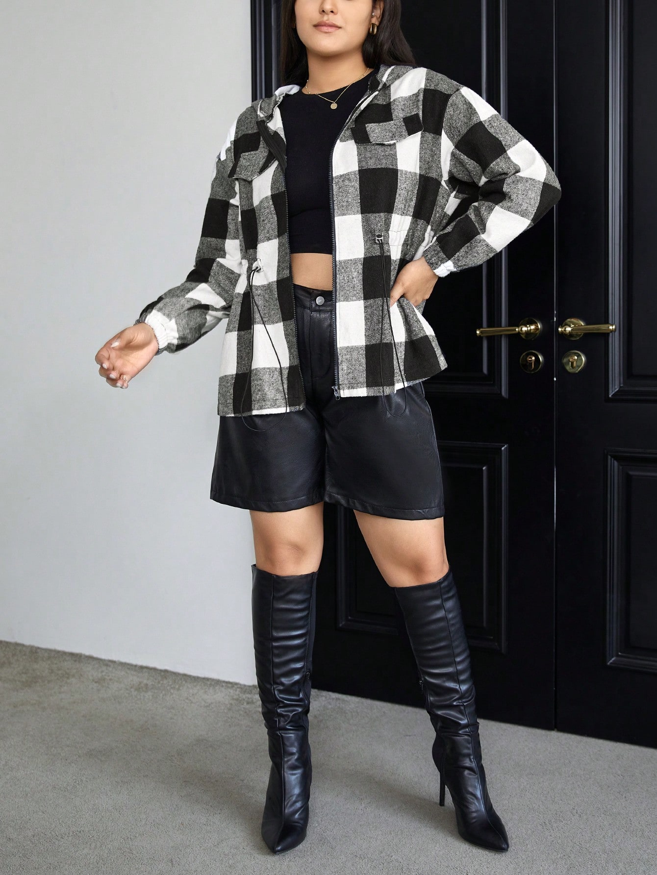 SHEIN Essnce Plus Buffalo Plaid Print Drop Shoulder Hooded Jacket ...