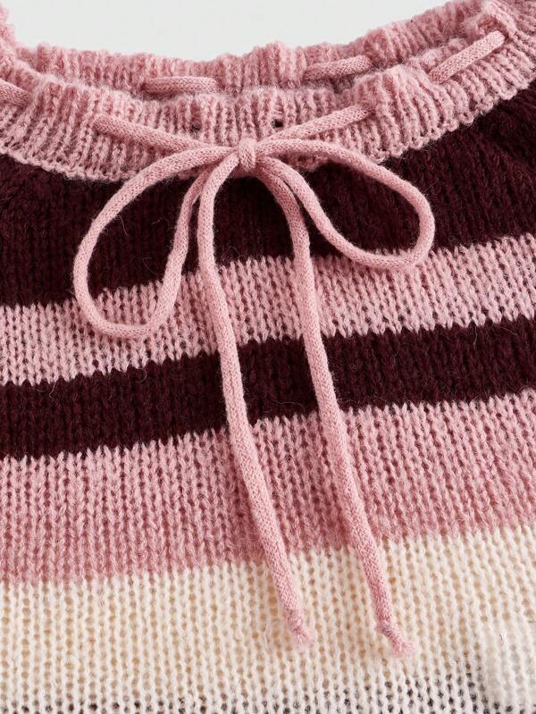 ROMWE Kawaii Striped Off Shoulder Drawstring Trim Sweater | SHEIN USA