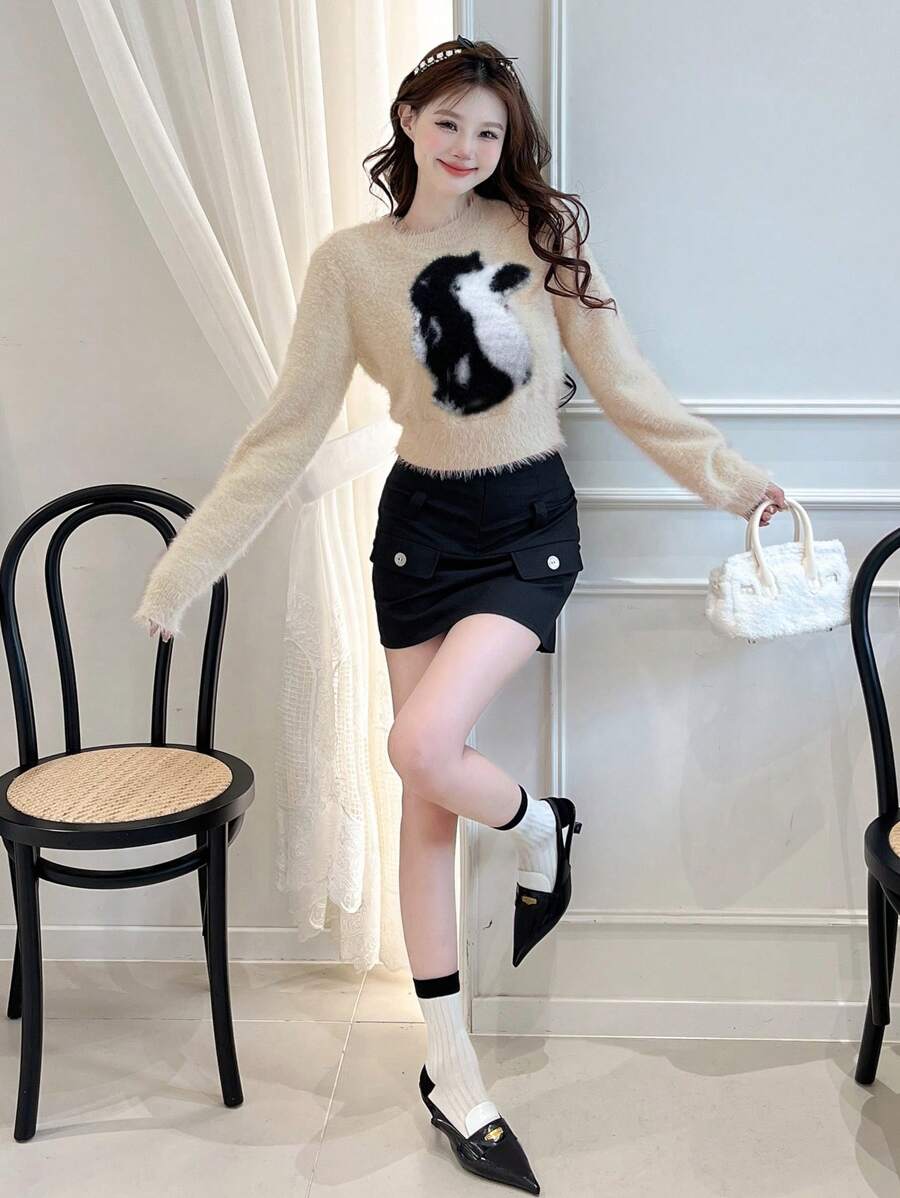 DAZY Rabbit Pattern Fluffy Knit Sweater | SHEIN USA