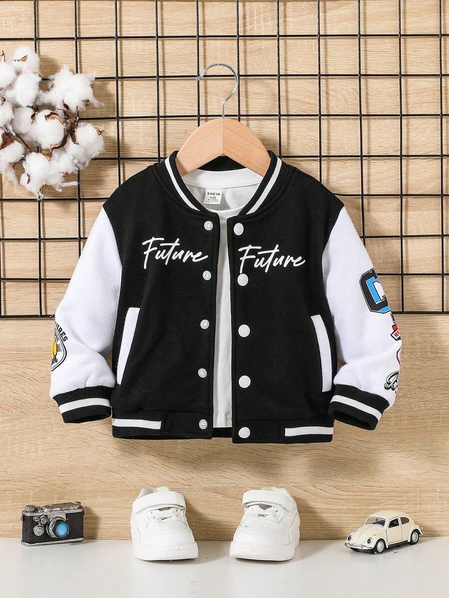 SHEIN Baby Boy Letter & Cartoon Graphic Two Tone Varsity Jacket Without ...