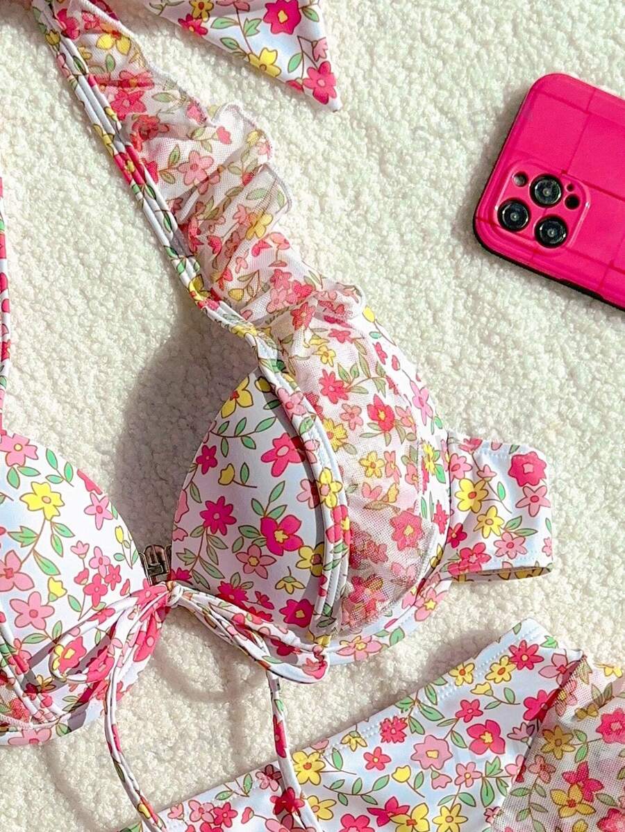 Shein Swim Mod Summer Beach Ditsy Floral Print Ruffle Trim Push Up Top