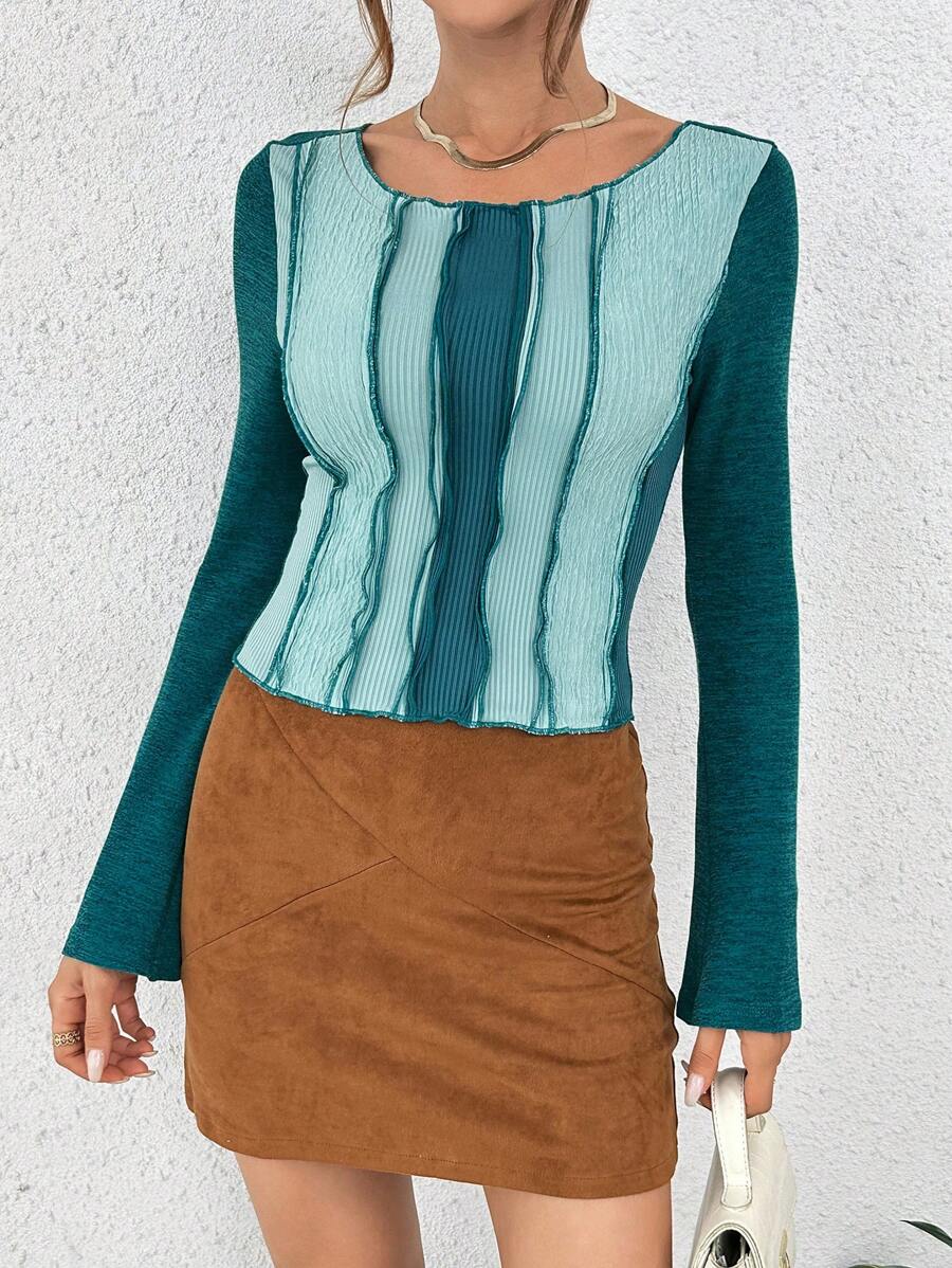 SHEIN Essnce T-Shirt mit Farbblock, Absteppen, augestellten Ärmeln ...