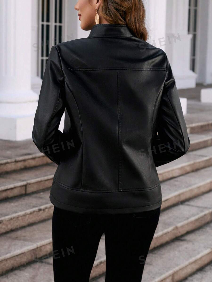 SHEIN Clasi Zip Up PU Leather Jacket | SHEIN UK