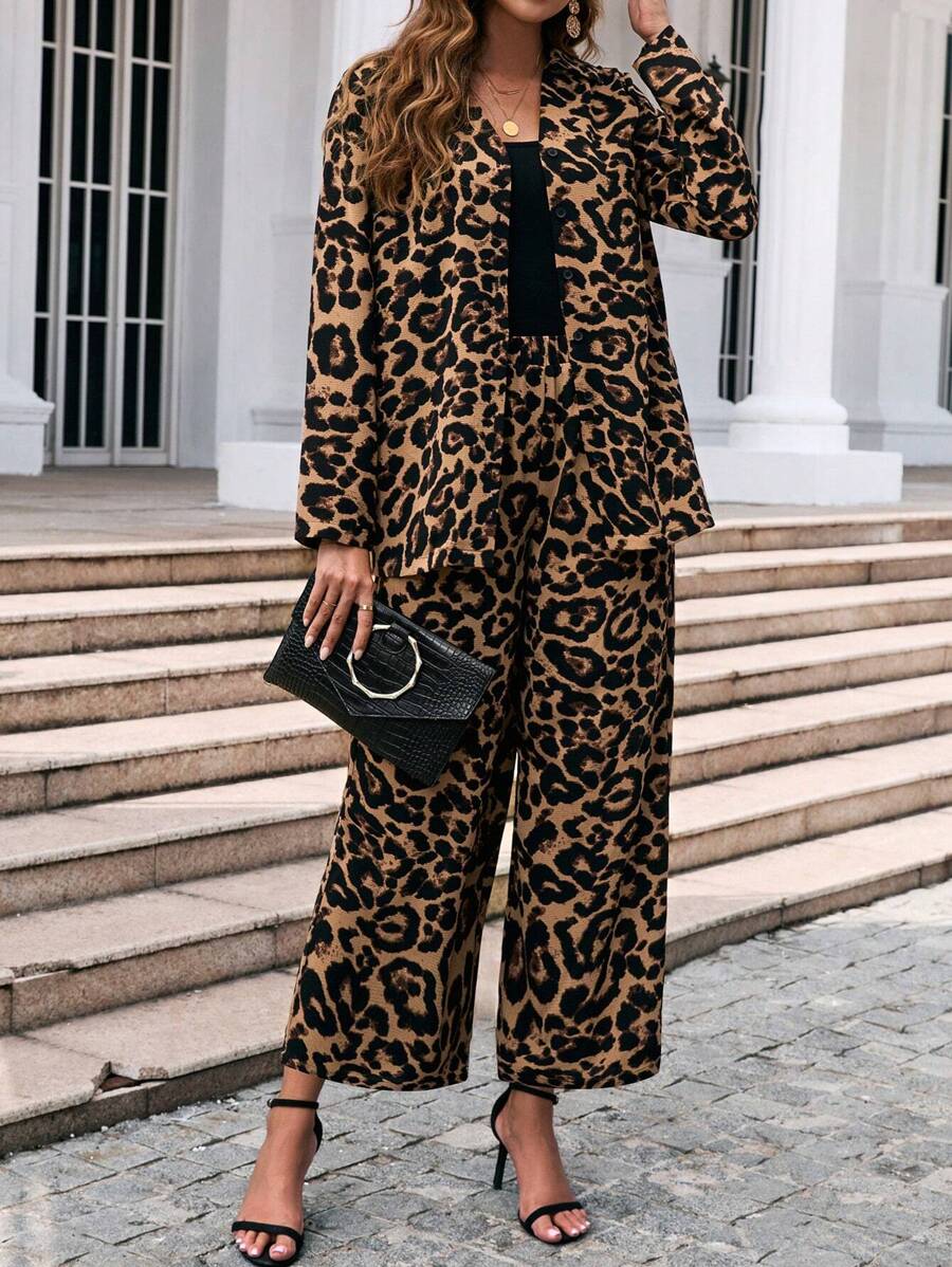 SHEIN Clasi Leopard Print Coat & Wide Leg Pants | SHEIN USA