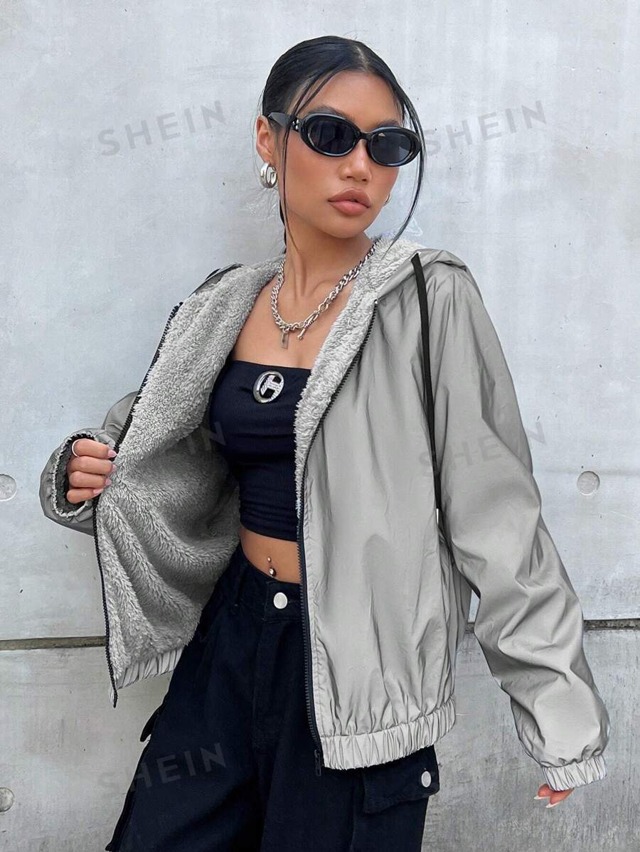 SHEIN EZwear Zip Up Drawstring Hooded Reflective Jacket | SHEIN USA