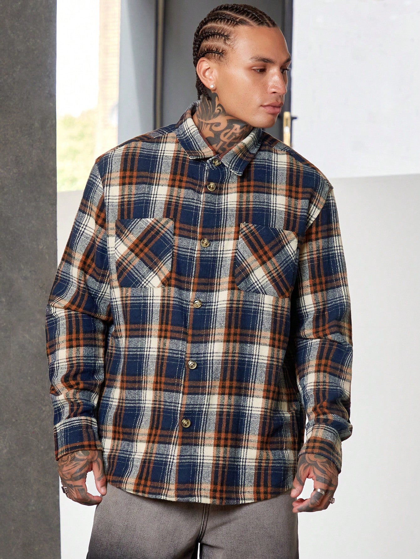 Manfinity EMRG Men's Plaid Print Patched Pocket Ultra-Oversized Shacket Without Sweaters | SHEIN USA