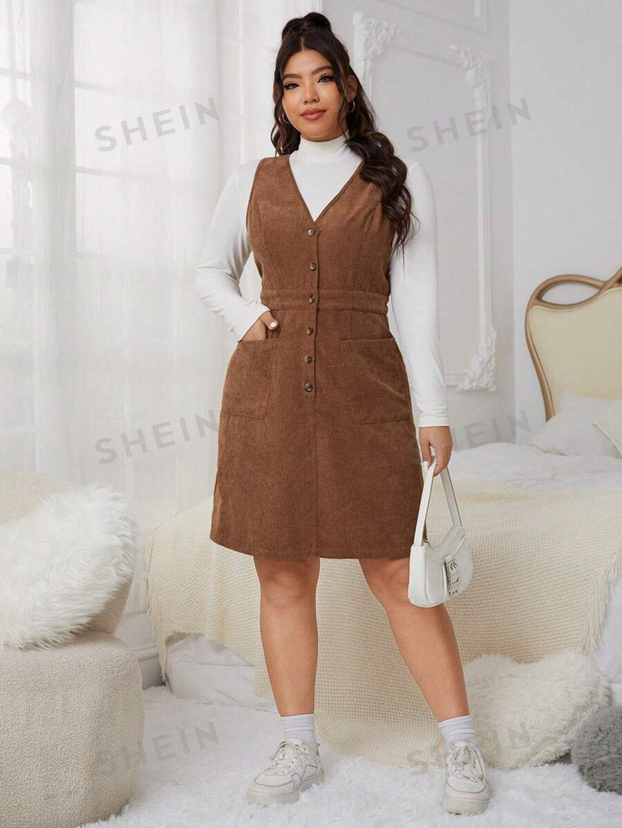 SHEIN EZwear พลัส เอี๊ยมกระโปรง เย็บปะ พ็อกเก็ต กระดุมด้านหน้า ไม่มี ...