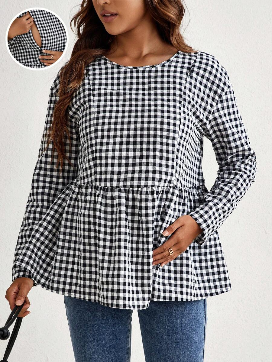 SHEIN Maternity Gingham Print Peplum Hem Smock Top | SHEIN USA