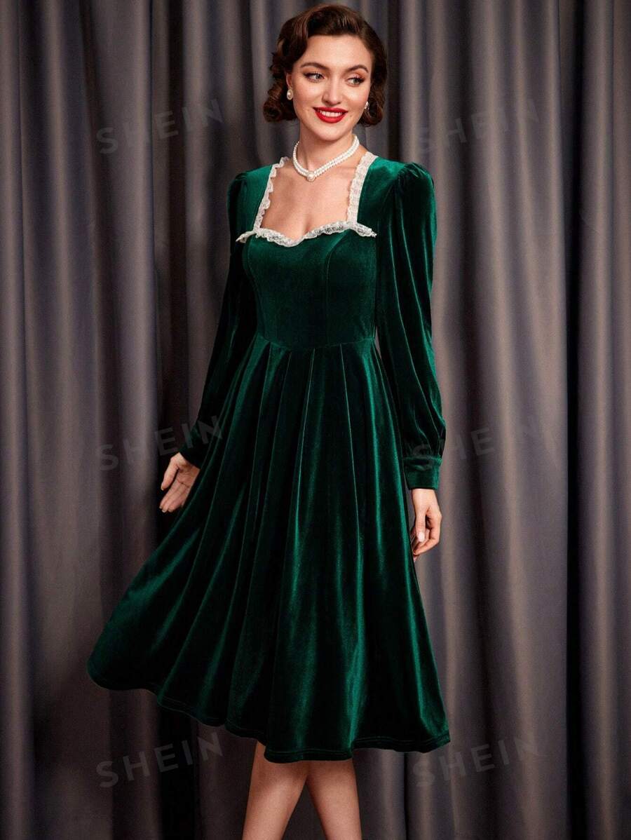 SHEIN DECDS Kleid Mit Spitzenbesatz, Herzausschnitt, Laternenärmeln Und ...