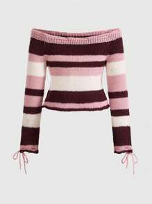 ROMWE Kawaii Striped Off Shoulder Drawstring Trim Sweater | SHEIN USA