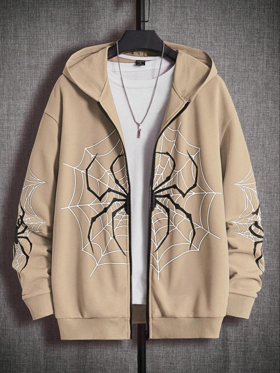Manfinity RebelGame Loose Men's Spider Web Print Zip-Up Drop Shoulder Hoodie Without Tee | SHEIN USA