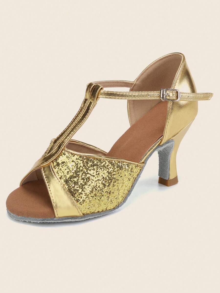 Gold Glitter Women's Latin Dance Shoes Open Toe Salsa Practice Shoes ...