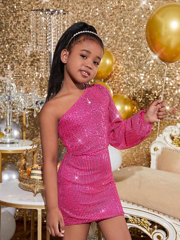 SHEIN Kids Cooltwn Tween Girl One Shoulder Lantern Sleeve Sequin Top ...