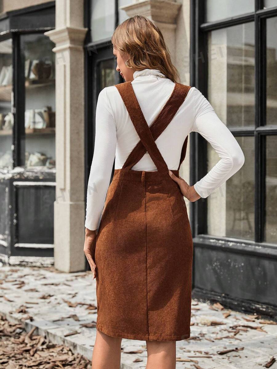 SHEIN Clasi Solid Button Front Overall Dress Without Sweater | SHEIN USA