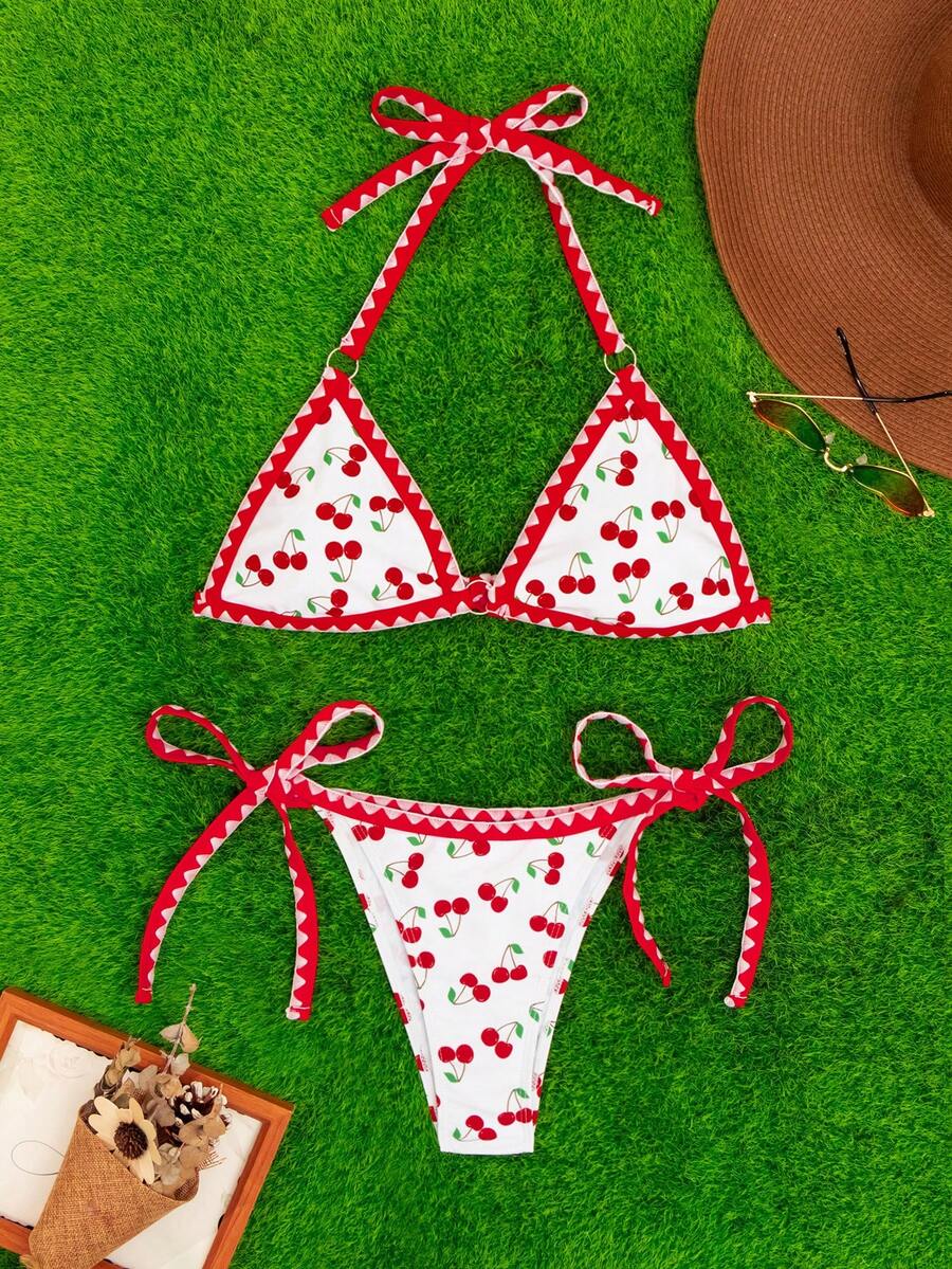 Shein Swim Mod Ladies Cherry Print Halter Neck Bikini Set Shein Usa