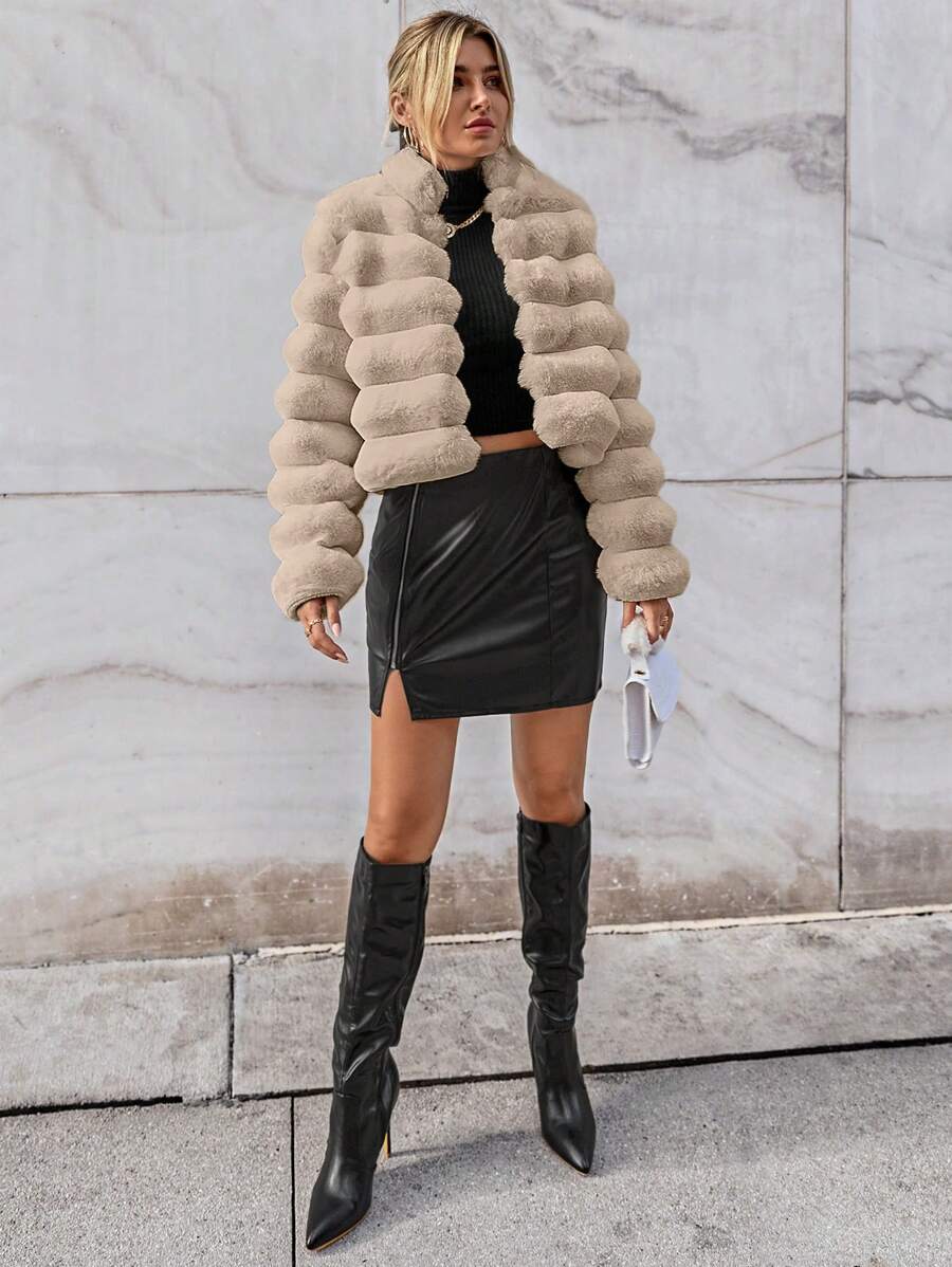 Firerie Going Out Solid Open Front Crop Fuzzy Coat | SHEIN USA